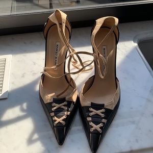 Manolo Blahnik | Shoes | Manolo Blahnik Black And Cream Heels Suede And ...